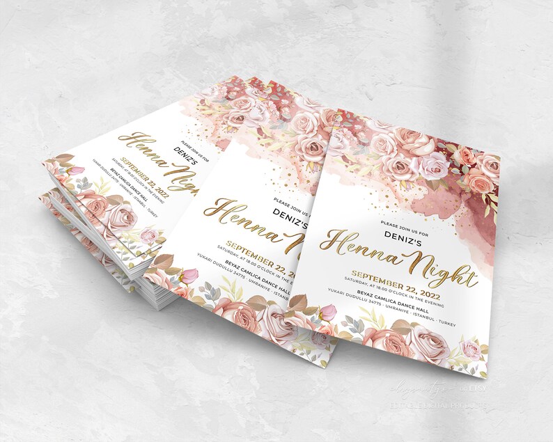 Modern Henna Night Invitation Template 5x7 DIY Red and Gold Fully ...
