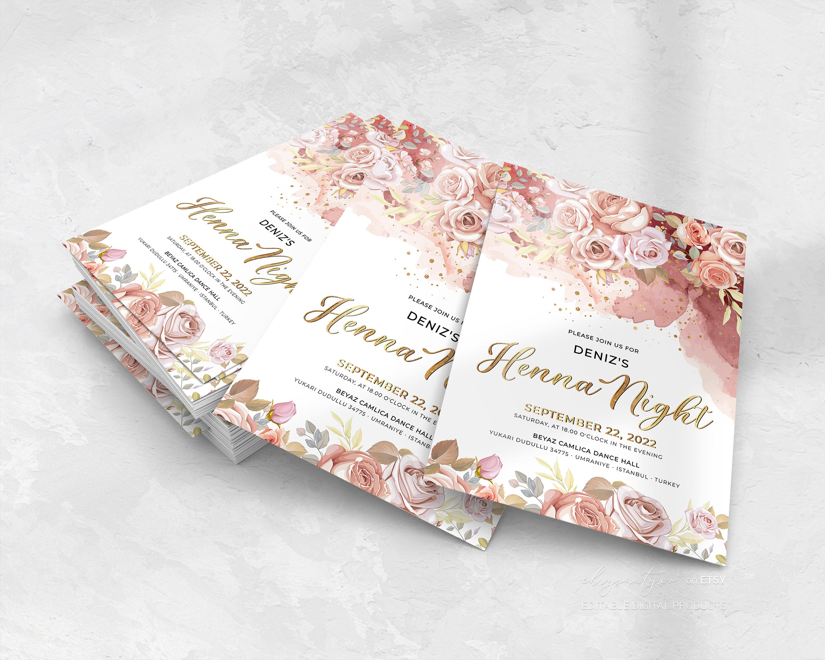 Modern Henna Night Invitation Template 5x7 DIY Red and Gold Fully ...