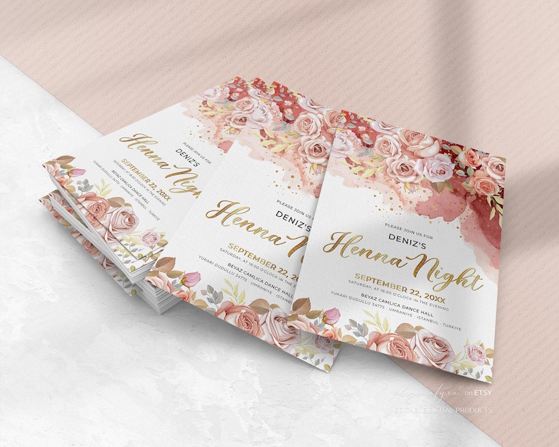 Modern Henna Night Invitation Template • Red, Gold Glitter, Roses ...
