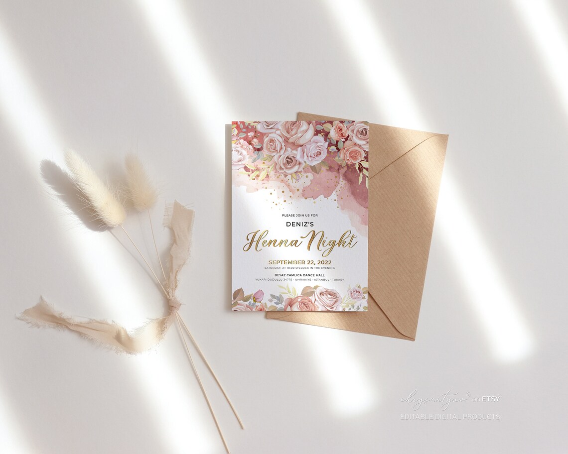 Modern Henna Night Invitation Template 5x7 DIY Red and Gold Fully ...