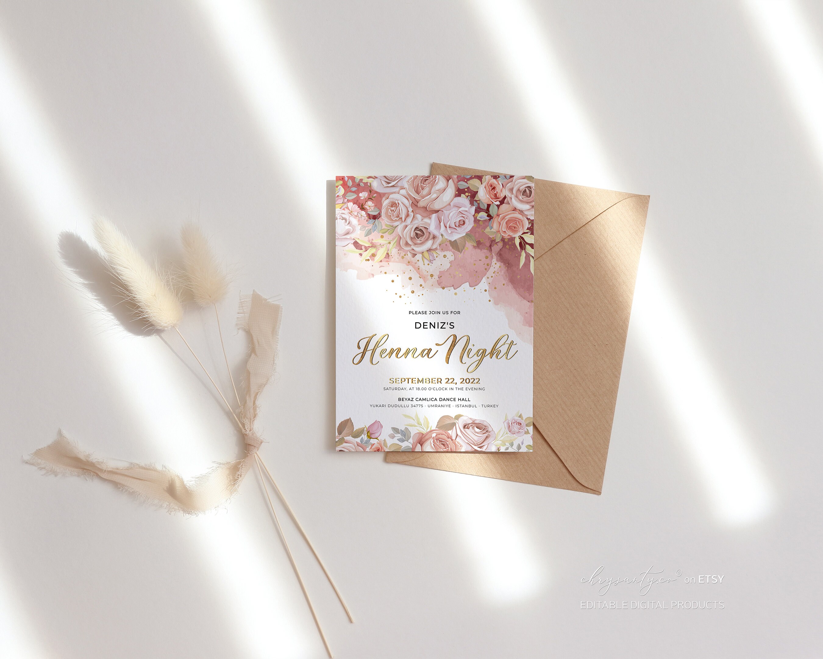 Modern Henna Night Invitation Template 5x7 DIY Red and Gold Fully ...