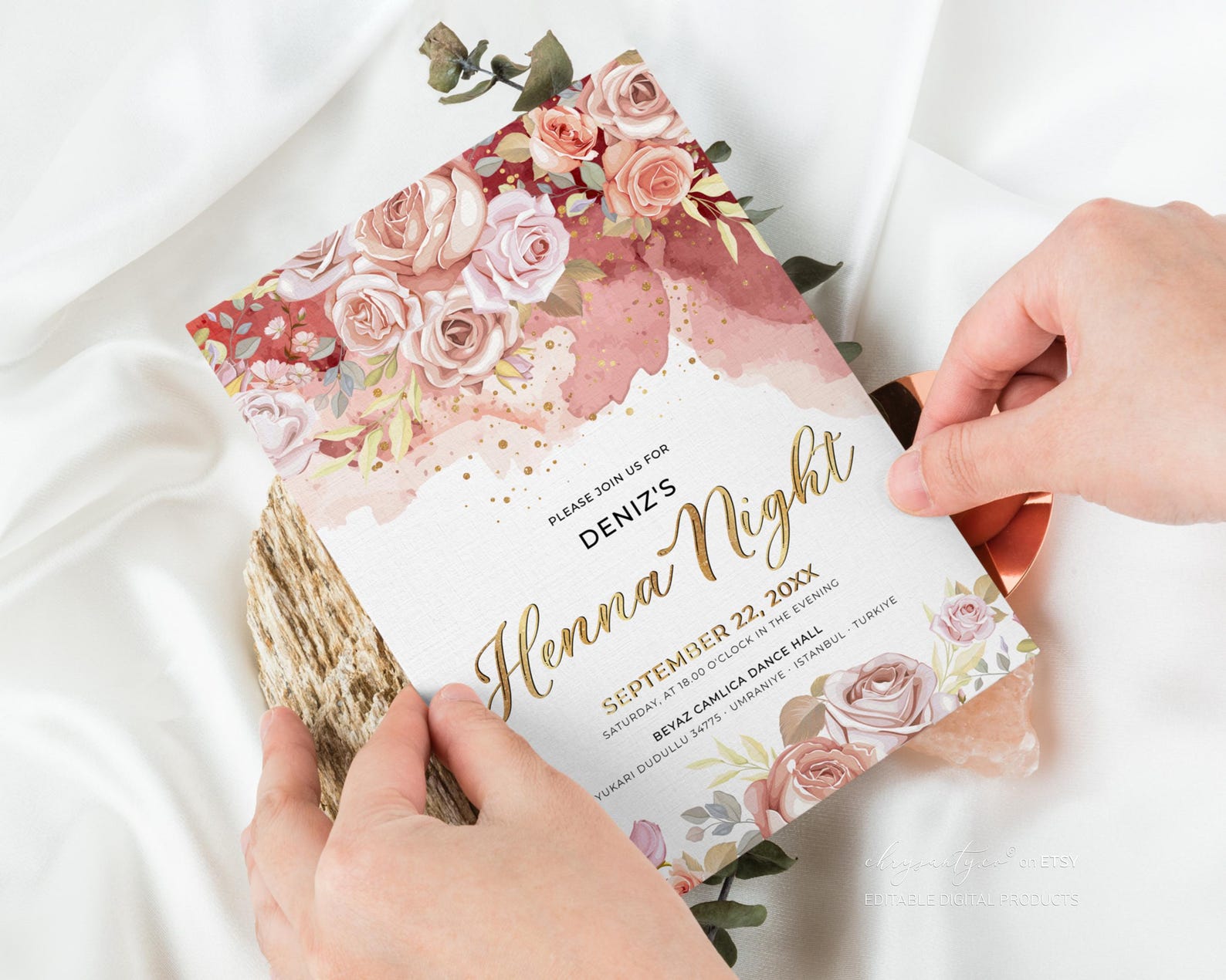 Modern Henna Night Invitation Template • Red, Gold Glitter, Roses ...
