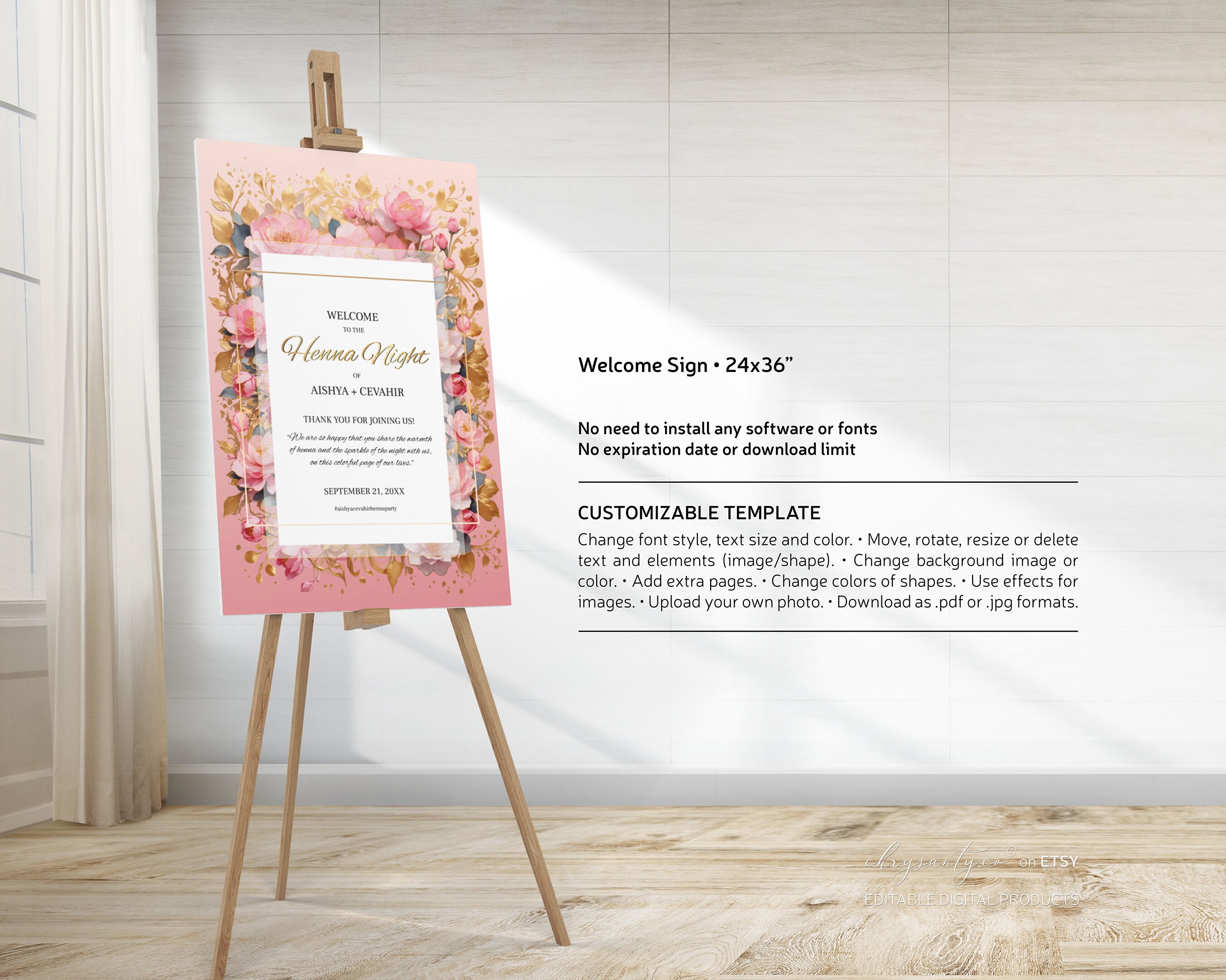Pink Flowers Digital Sign Templates • Henna Night Golden Pink Easy ...