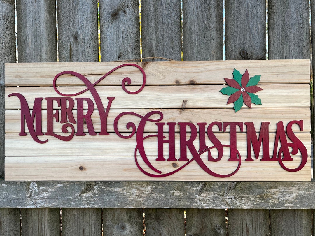 Large Wooden Merry Christmas Sign | Poinsettia | Indoor Christmas Decor ...