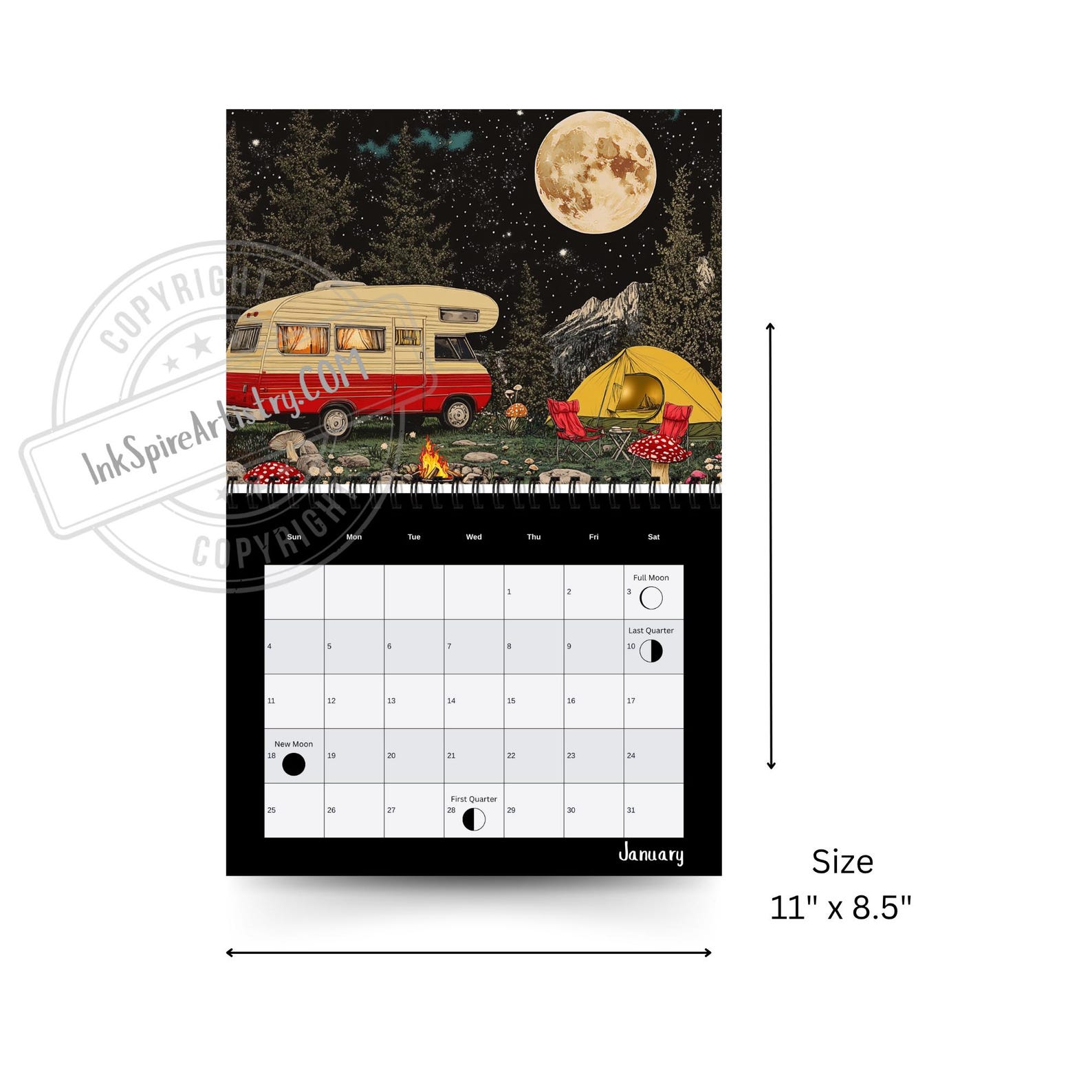 2026 Wall Calendar | A Camping Themed Monthly Calendar With Moon Phases ...