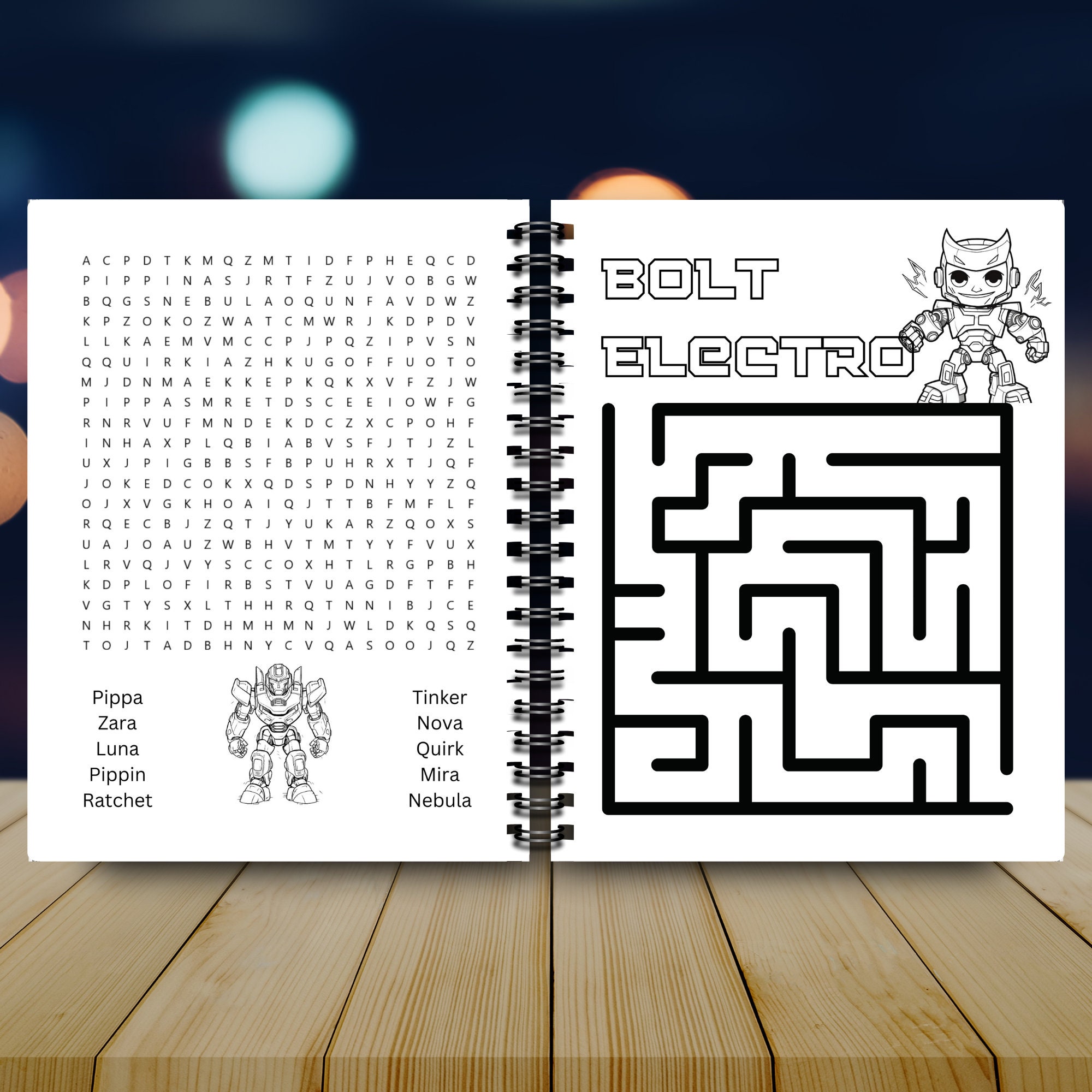 Maze & Puzzles Book for Kids Word Search Page Maze Game Robot Coloring ...