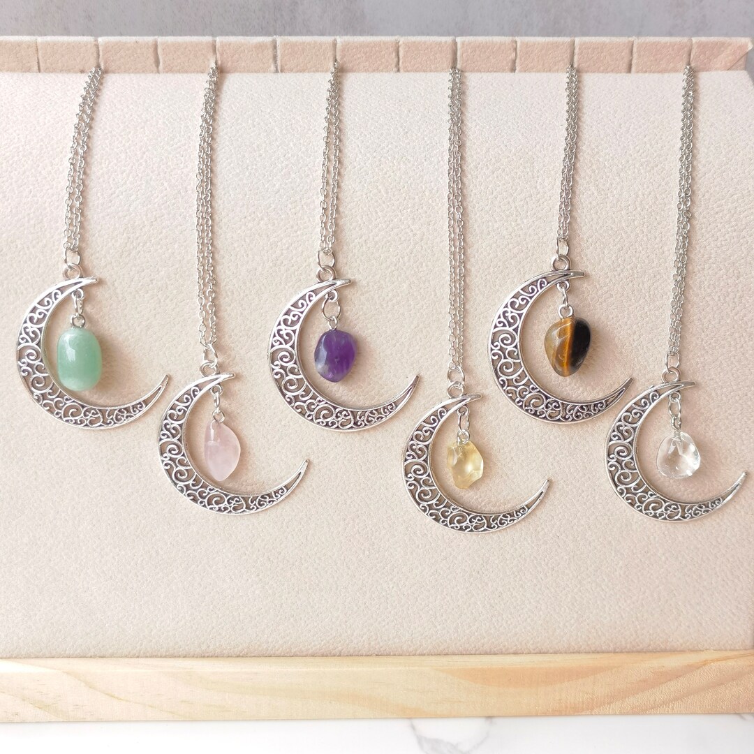 Celestial Charm: Crescent Moon Crystal Pendant. Handcrafted - Etsy