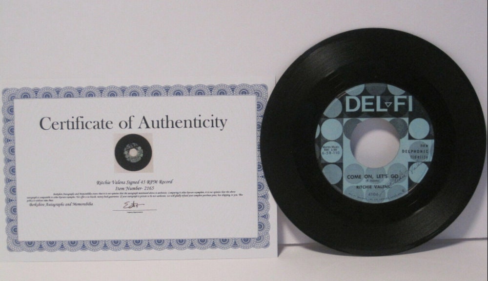 Signed Ritchie Valens Del Fi 45 RPM, Come on Let's Go 1958 M NM ...