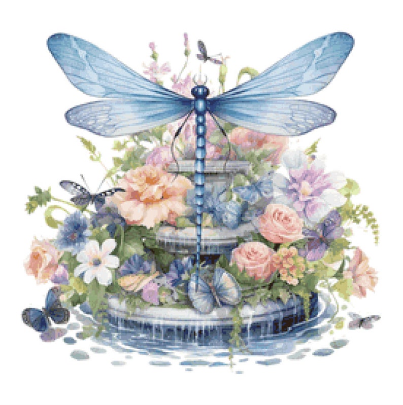 Cross Stitch Wall Decor Watercolor Spring Flowers and Dragonfly PDF ...