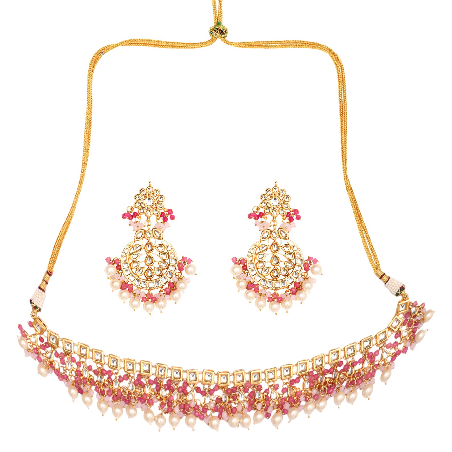Pearl & Pink Beaded Gold Tone Kundan Inspired Necklace With Earrings ...