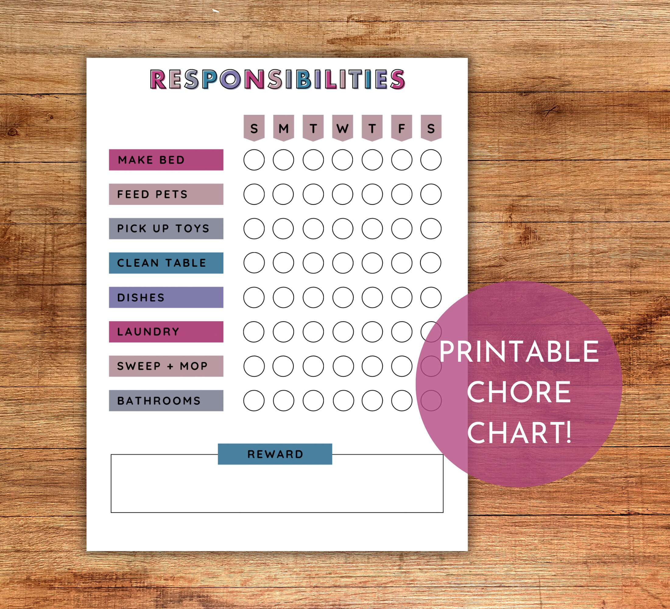 Pink Chore Chart for Kids Printable Responsibility Checklist - Etsy
