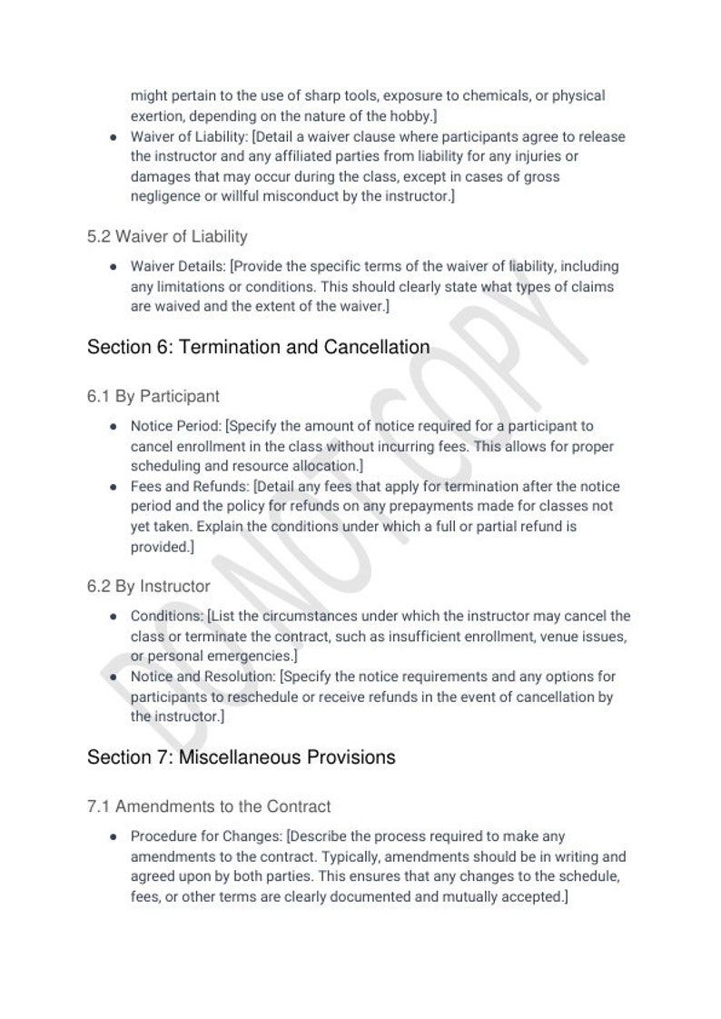 Hobby Class Contract Template for Instructors - Etsy