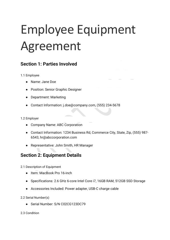 Employee Equipment Use Agreement Template - Professional and Editable ...