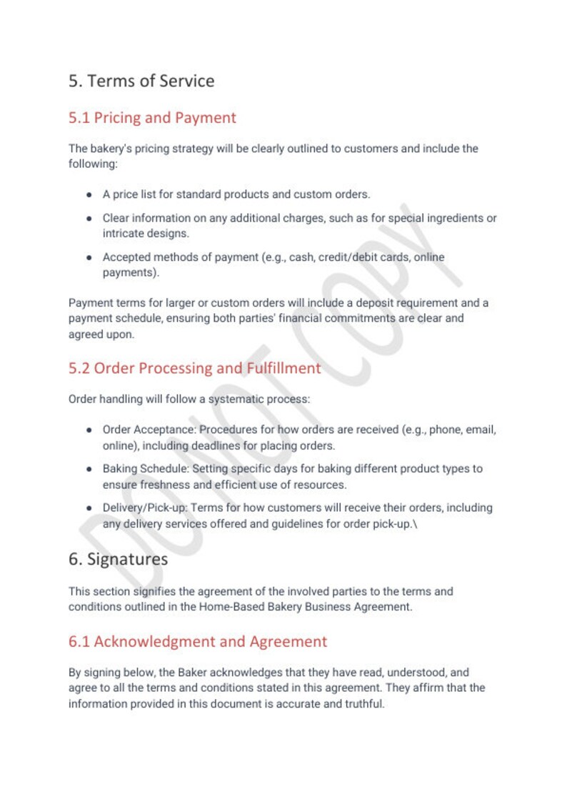 Home-based Bakery Business Agreement Template - Etsy