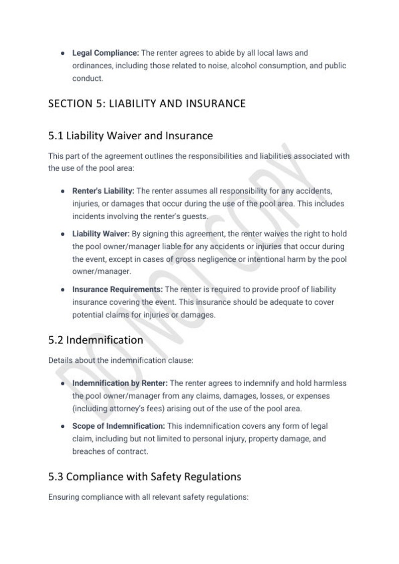 Comprehensive Pool Party Rental Agreement Template - Etsy