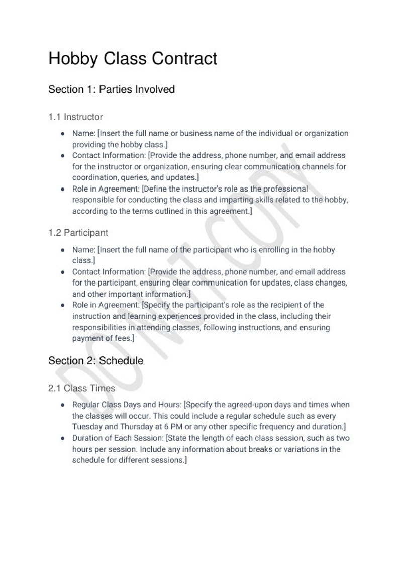 Hobby Class Contract Template for Instructors - Etsy