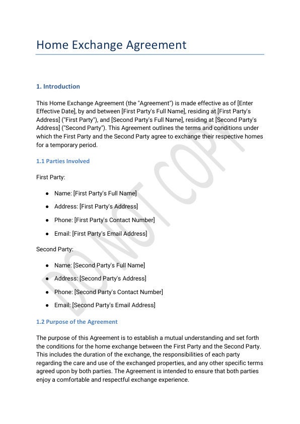 Simple Home Exchange Agreement Template - Etsy