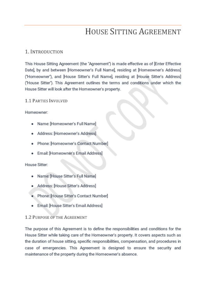 House Sitting Contract Template - Etsy