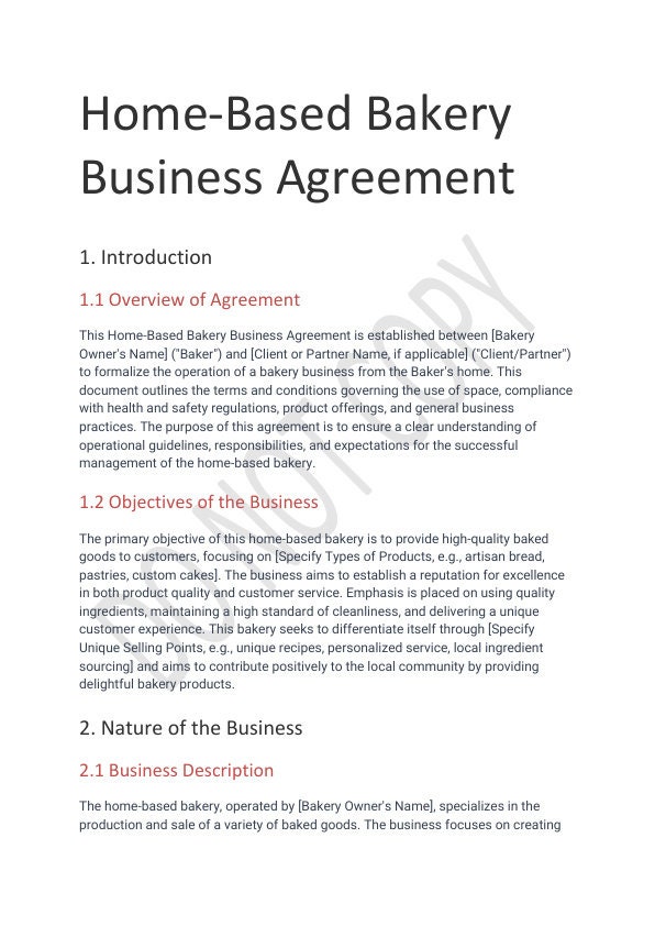 Home-based Bakery Business Agreement Template - Etsy