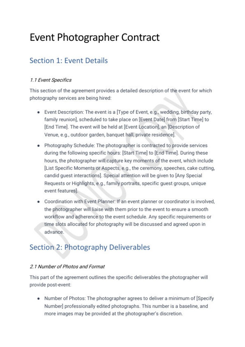 Event Photographer Contract Template - Etsy