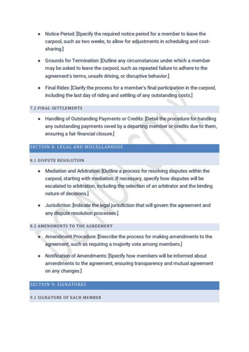 Carpool Agreement Template for Shared Rides - Etsy