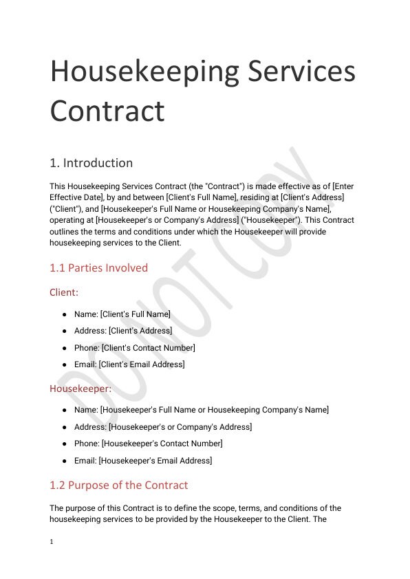 Housekeeping Services Contract Template – Professional & Thorough - Etsy