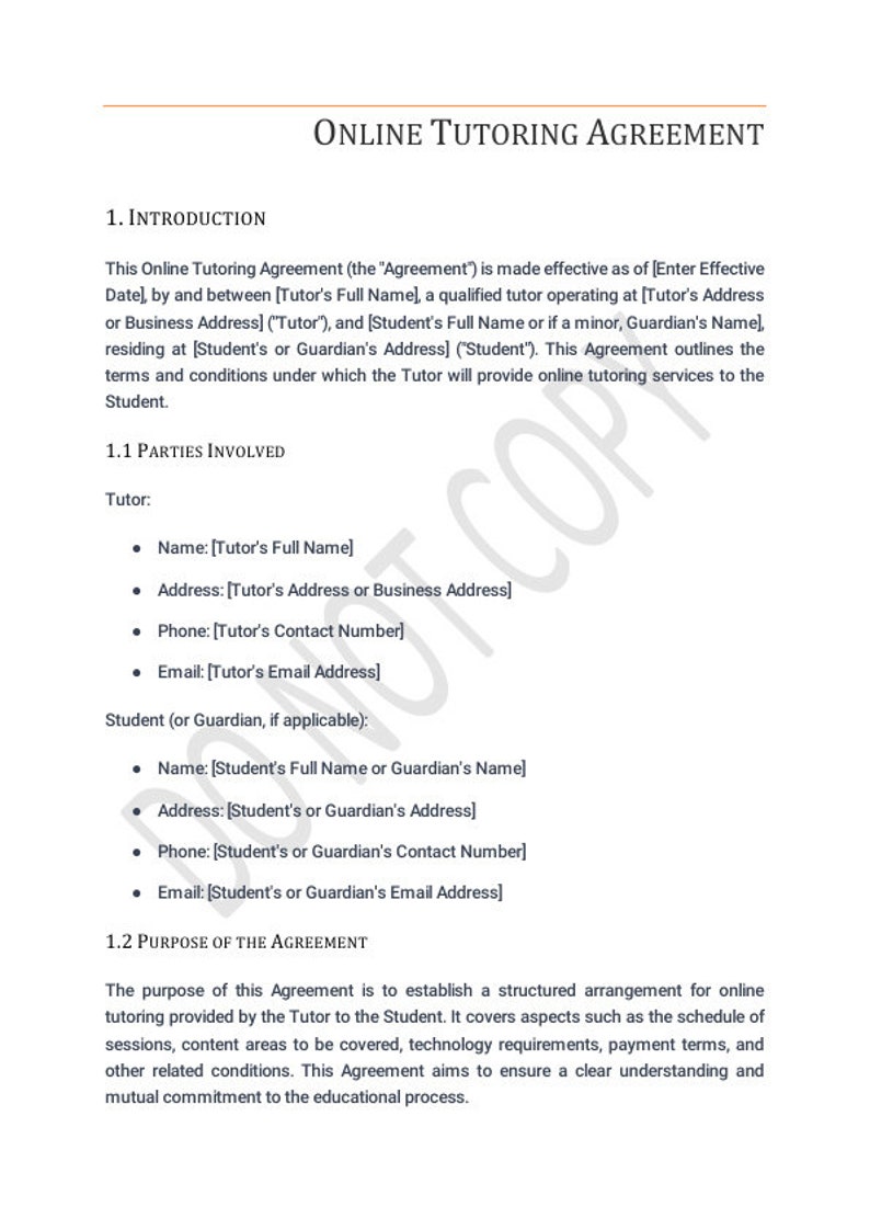 Simple Online Tutoring Contract Template - Etsy