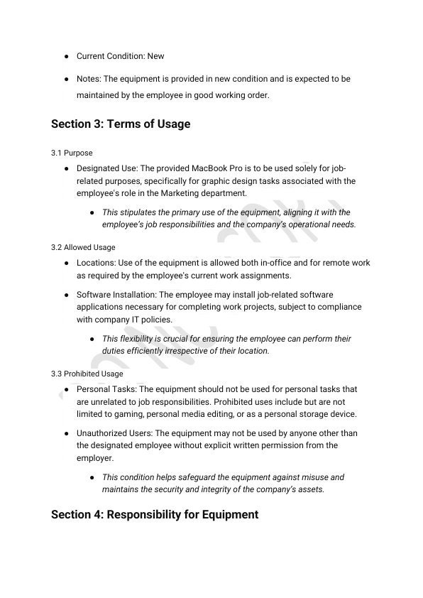 Employee Equipment Use Agreement Template - Professional and Editable ...