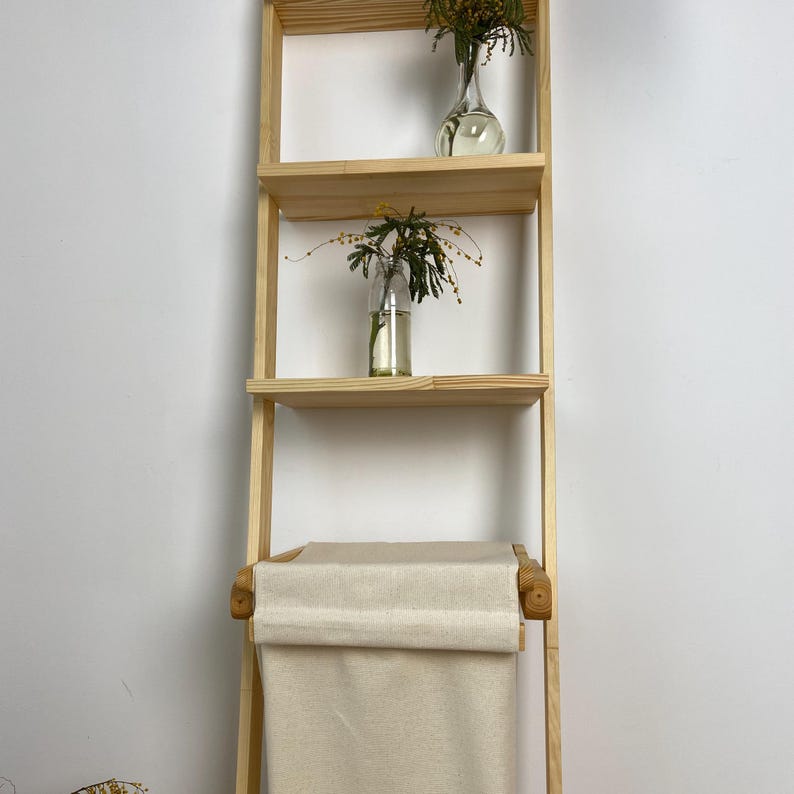 Farmhouse Wooden Shelving Laundry Ladder Basket Storage Organizer ...