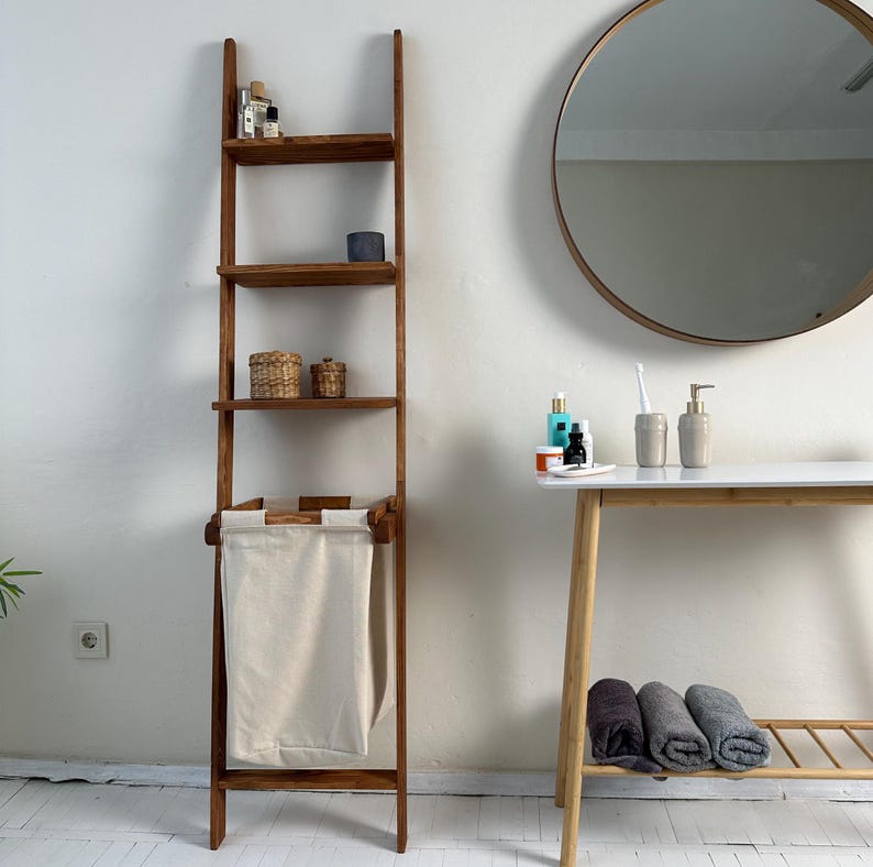 Farmhouse Wooden Shelving Laundry Ladder Basket Storage Organizer ...