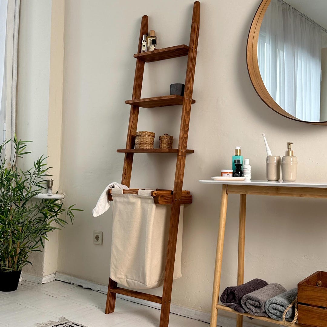 Farmhouse Wooden Shelving Laundry Ladder Basket Storage Organizer ...