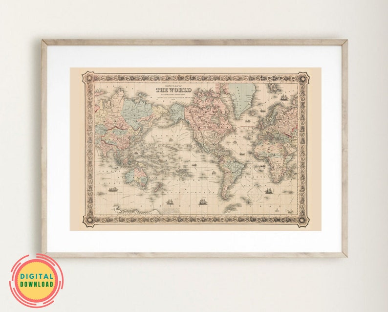 Printable World Map, Vintage Colton's Map of World Wall 1858 Art Print ...