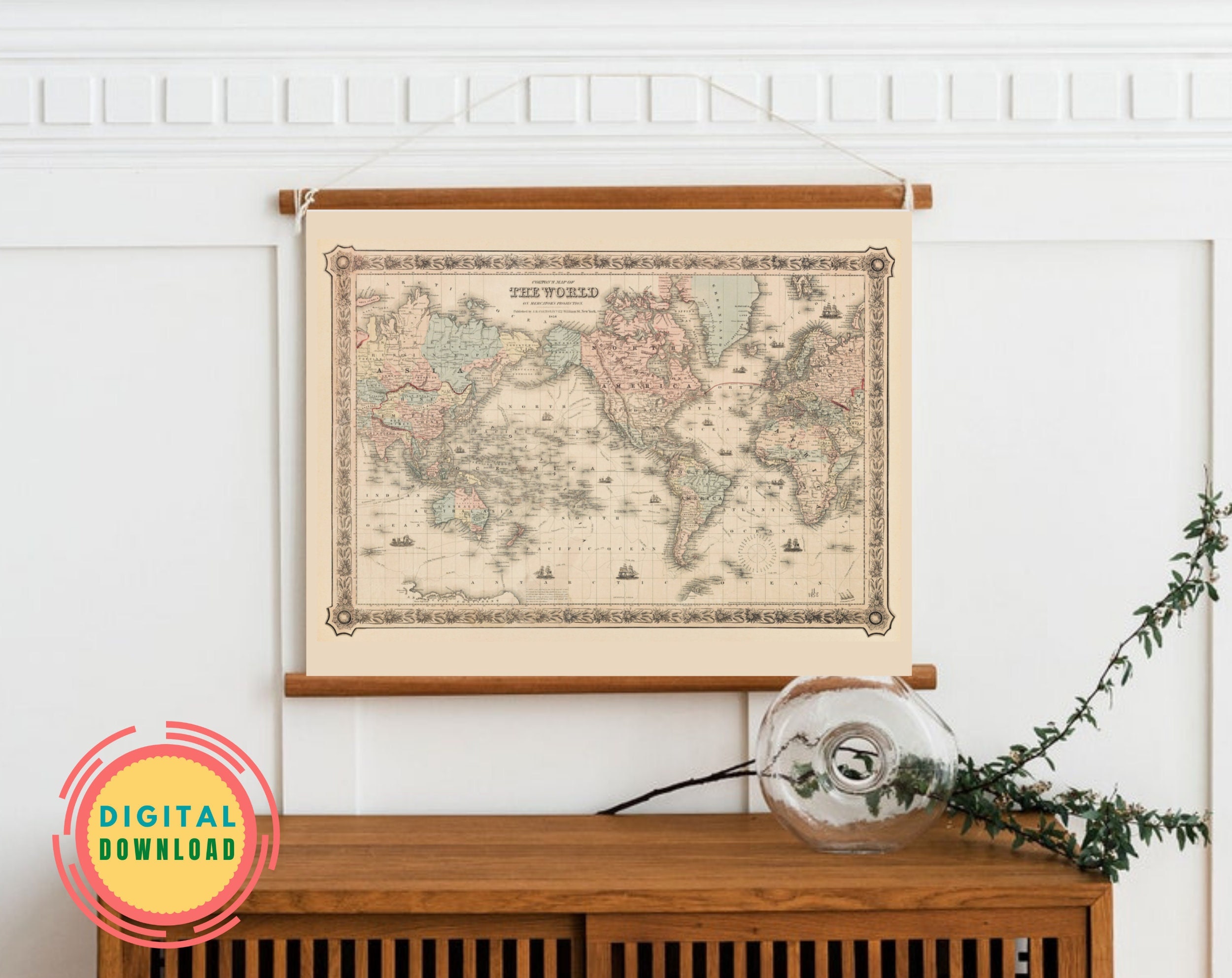 Printable World Map, Vintage Colton's Map of World Wall 1858 Art Print ...