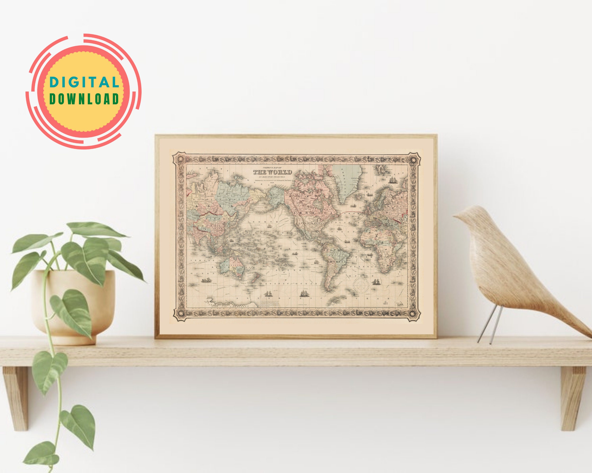 Printable World Map, Vintage Colton's Map of World Wall 1858 Art Print ...