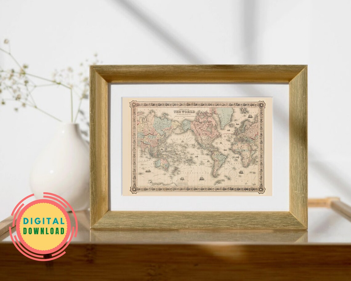 Printable World Map, Vintage Colton's Map of World Wall 1858 Art Print ...