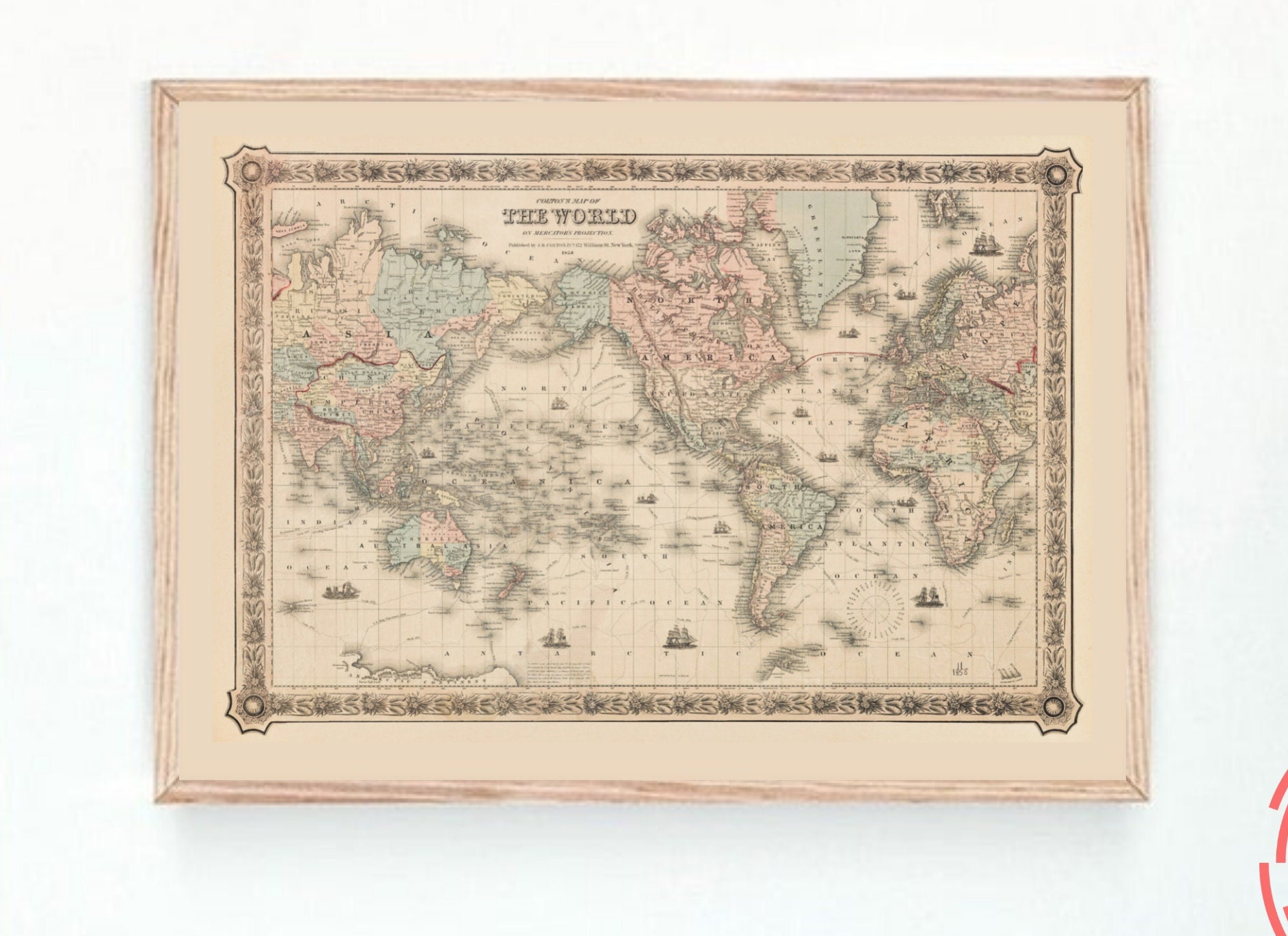 Printable World Map, Vintage Colton's Map of World Wall 1858 Art Print ...
