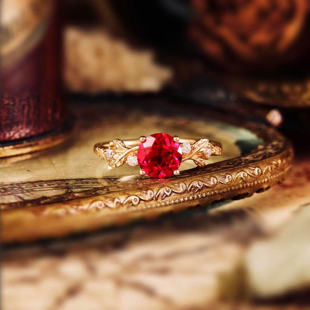 Vintage Ruby Engagement Ring Women Yellow Gold Ruby Engagement Ring Unique Red Leaf Ring Dainty ...