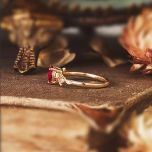 Vintage Ruby Engagement Ring Women Yellow Gold Ruby Engagement Ring Unique Red Leaf Ring Dainty ...