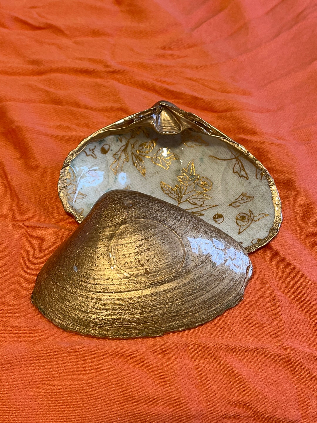 Clam Shell Trinket/ring Dish Large Gold & Flowers Hand Painted and ...