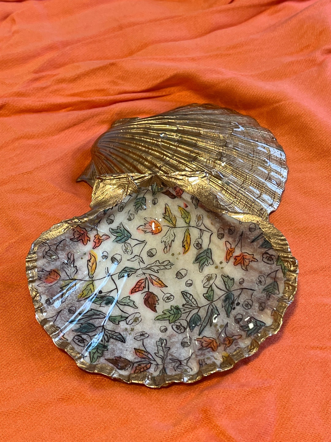 Scallop Shell With Tiny Flowers & Gold: Trinket/ring Dish XL Decoupage ...