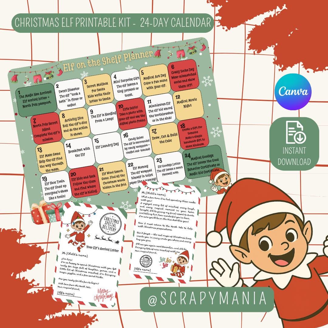 Christmas Elf Printable Kit, 24-day Activity Calendar, Elf Games ...