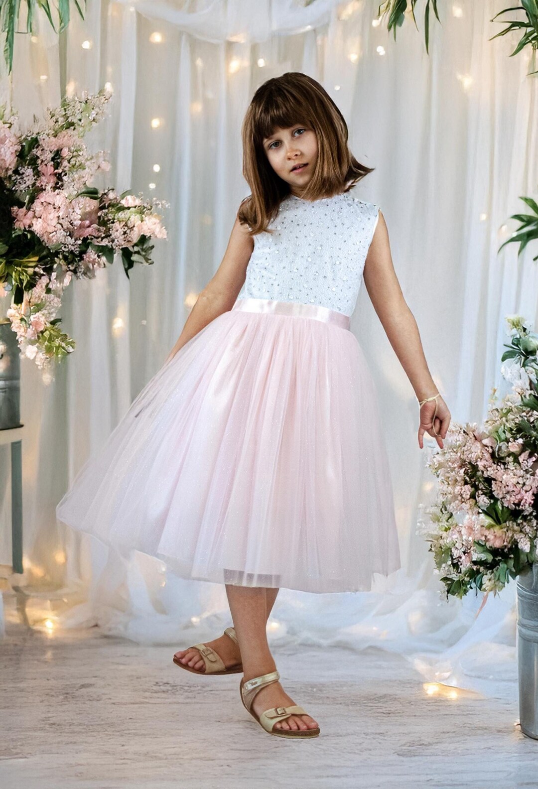 Blush Pink Tulle Dress for Girls, Sparkling Beaded Bodice With Satin ...