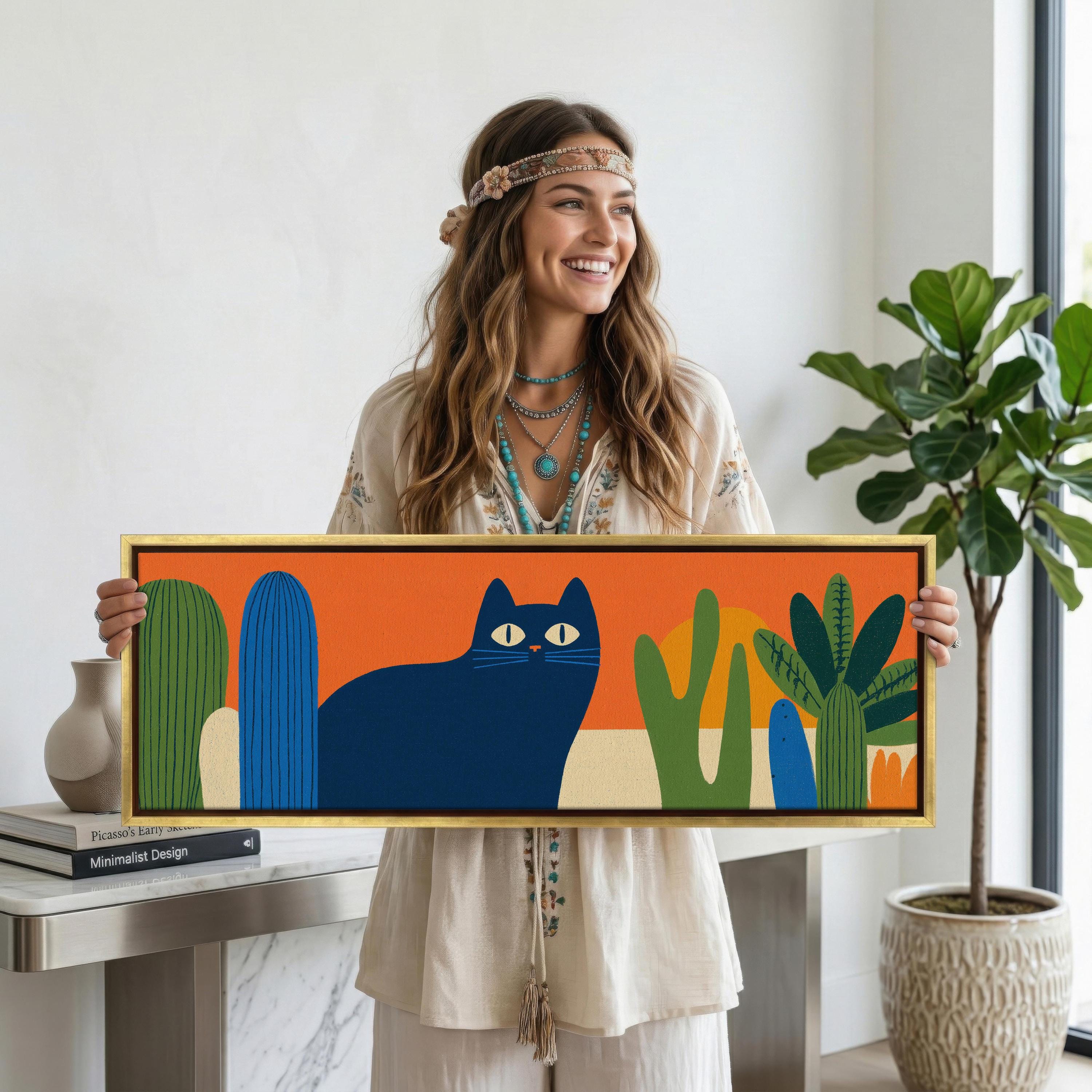 Long Horizontal Mid-Century Modern, Midnight Cat in the Desert, Sunset ...