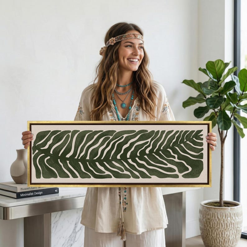 Long Horizontal Mid-century Plant Mural, Olive Green Botanical Abstract ...