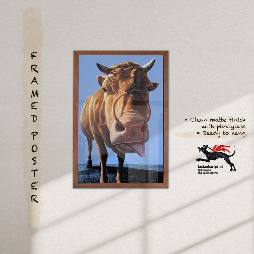 Framed Cow Portrait: Existential Bovine - Mid-century Modern Wall Art ...