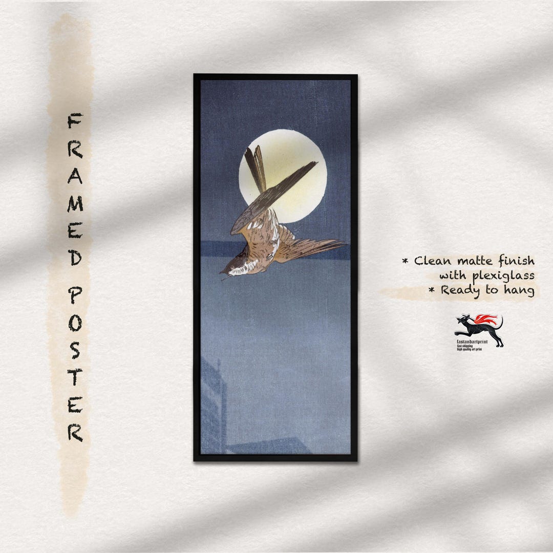 Framed Japanese Bird Art Print: Ohara Koson Nighthawk, Full Moon - Etsy