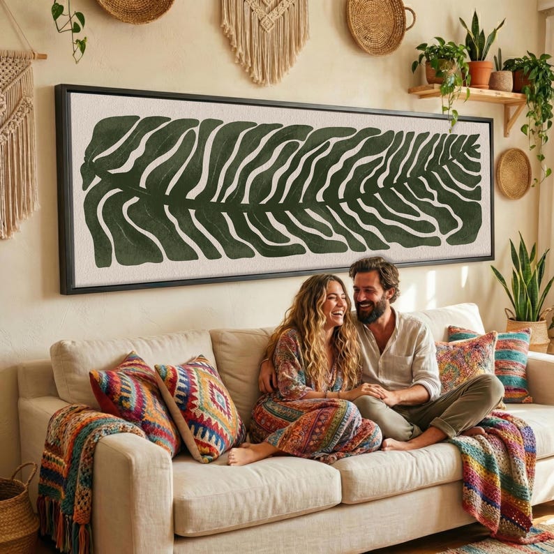 Long Horizontal Mid-century Plant Mural, Olive Green Botanical Abstract ...