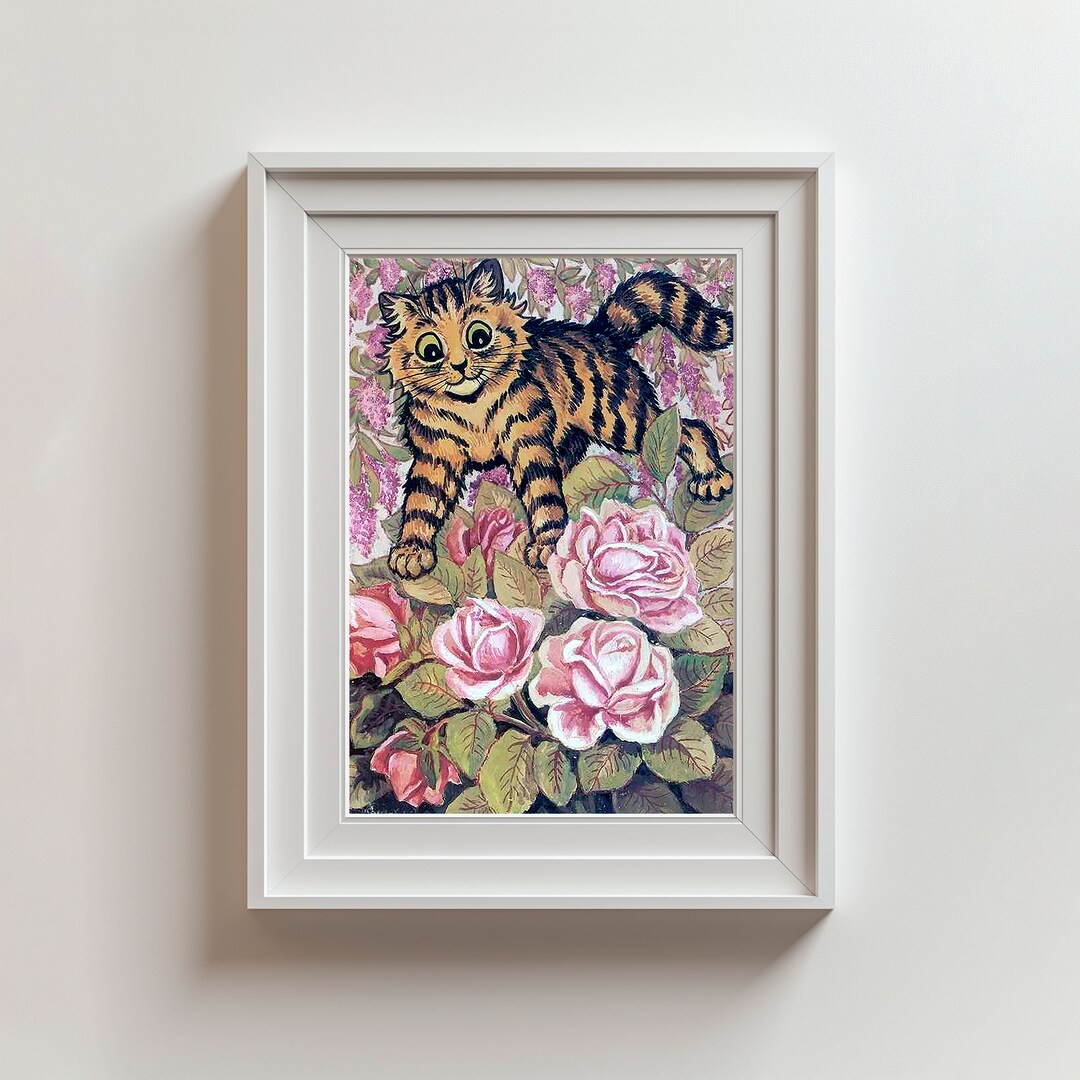 Louis Wain cat in the Rose Bush Cat Paintings Tabby Cat Home Wall Decor ...