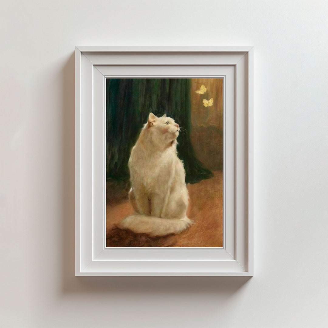 Arthur Heyer sad Cat and Butterflies Animal Poster Cat Painting Fine ...