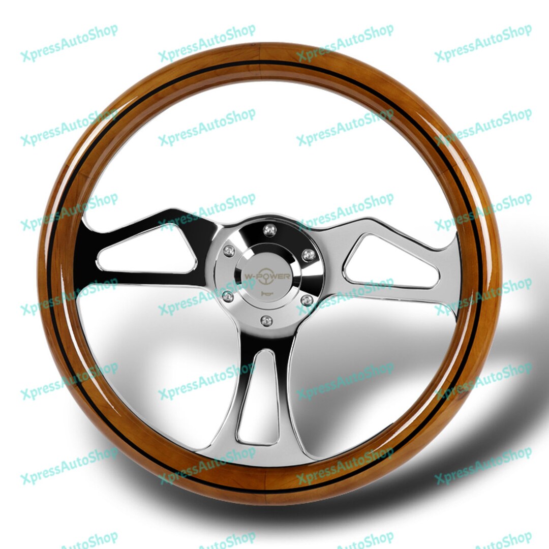 350MM Classic Brown Wood Grain 6-hole Chrome Spoke 14 Steering Wheel 2 ...